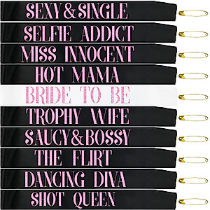 Generic 10 Pcs Bachelorette Party Sashes set - White Bride to Be Sash and Black Bridesmaid Sashes for Bachelorette Party Bridal Shower and Hen Party Decorations Favors (Glitter Hot Pink Letters)