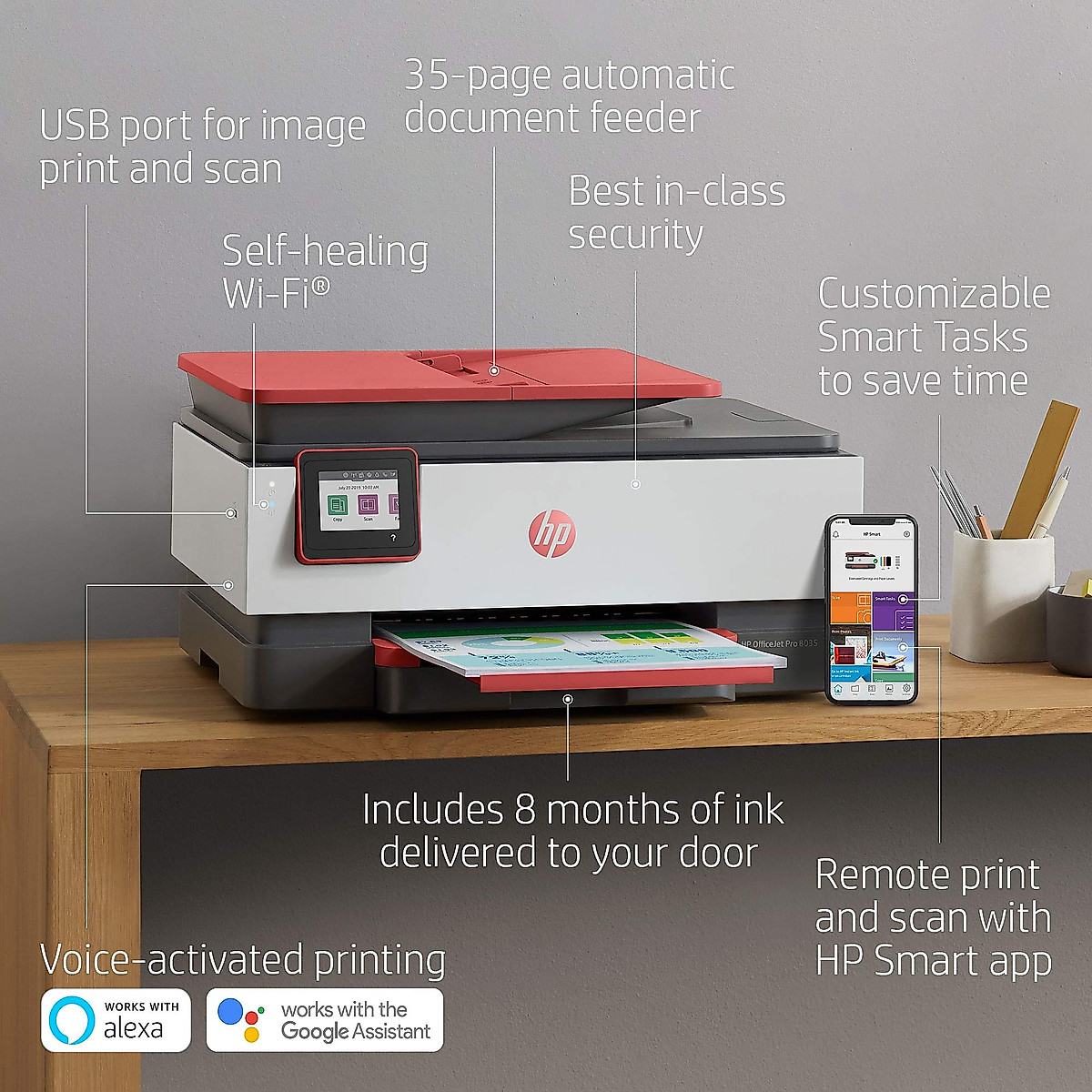 HP OfficeJet Pro 8035 All-in-One Wireless Printer - Includes 8 Months of Ink, HP Instant Ink, Works with Alexa - Coral (4KJ65A)
