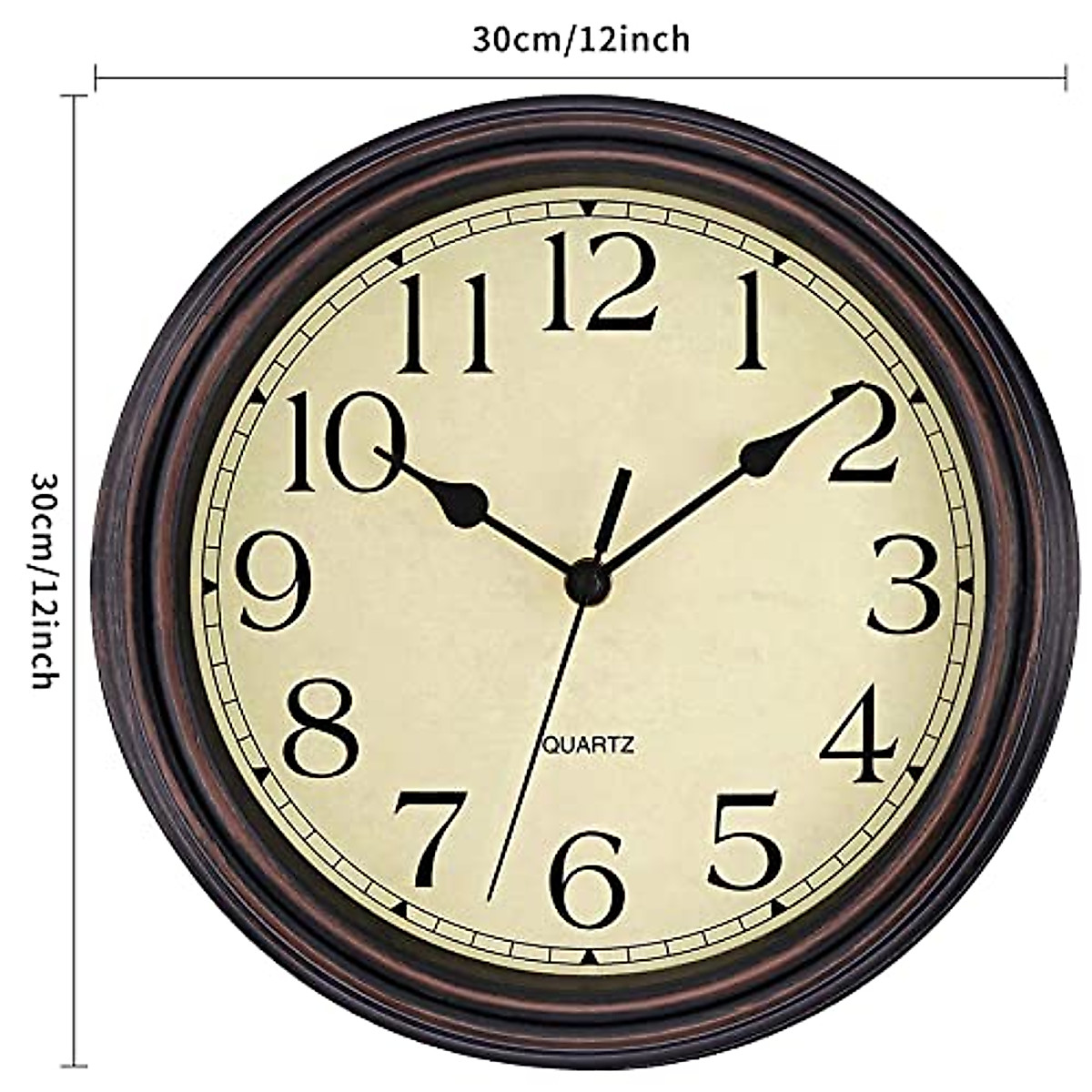 Foxtop Retro Silent Non-Ticking Round Classic Clock Quartz Decorative Battery Operated Wall Clock for Living Room Kitchen Home Office 12 inch (Bronze)