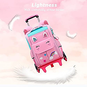 Girls Rolling Backpack with 6 Wheels, 16 Inch Lightweight Roller Backpacks for girls Elementary, Carry-on wheeled backpack for School Travel, 4+ Years Old, Pink