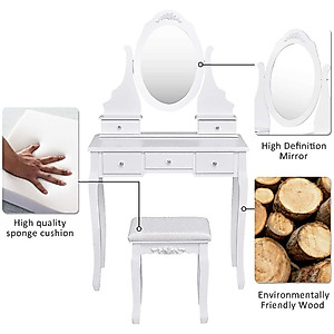 Vanity Table Set, Wooden Dressing Table with Oval 360° Rotating Mirror, 5 Storage Drawers, Painted Finish, Vanity Makeup Table with Padded Stool Seat, Detachable Table Top, Easy to Assemble (White)