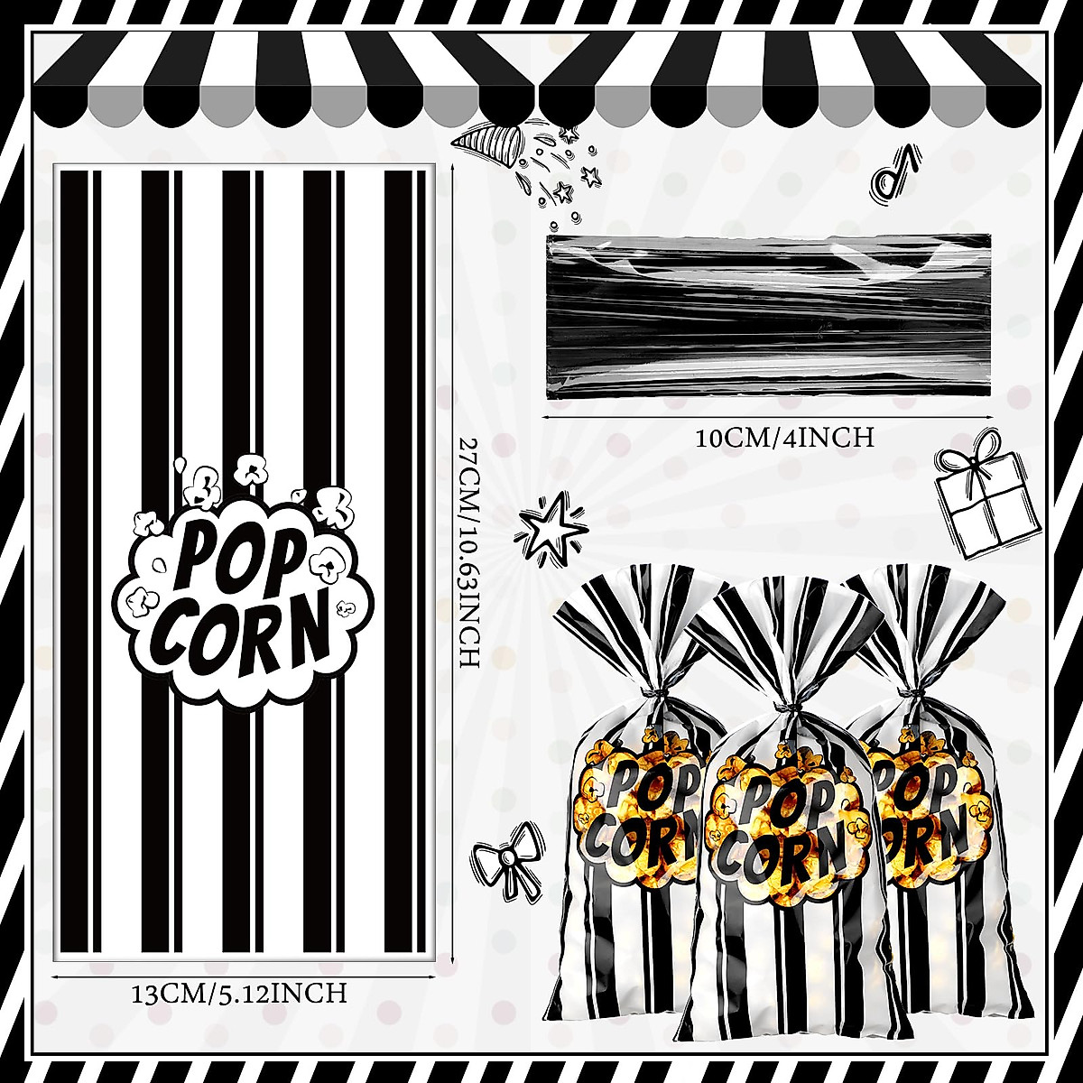 Ninehaoou 200 Pcs Movie Night Popcorn Bags for Party Carnival Popcorn Bags Movie Theme Party Decorations Black White Stripe Cookie Snack Bags with 200 Black Twist Ties for Movie Party Favors