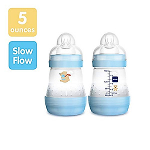 MAM Easy Start Anti Colic 5 oz Baby Bottle, Easy Switch Between Breast and Bottle, Reduces Air Bubbles and Colic, 2 Pack, Newborn, Boy