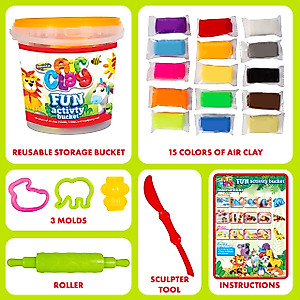 Air Clay Fun Activity Bucket - 15 Vibrant Colors and 5 Modeling Tools - Air Dry Clay for Kids - Soft Molding Clay for Kids - DIY Sculpting Art Craft Supplies Kits Gift - Magic Clay for Kids Ages 6+