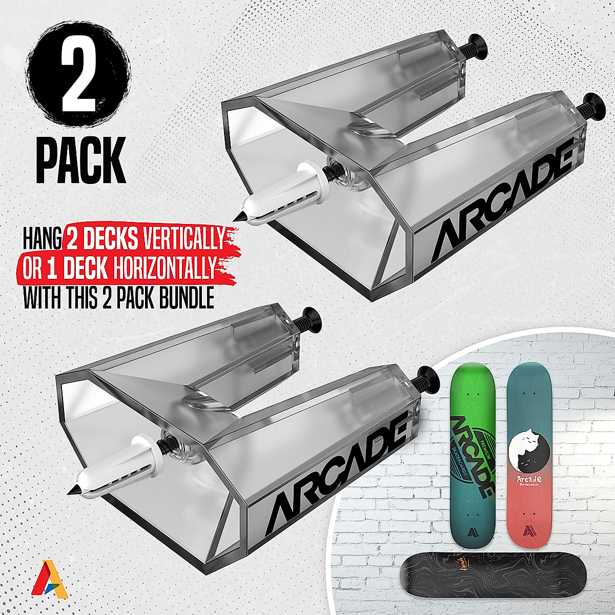 ARCADE Skateboard Wall Mount Rack Hanger 2 Pack Horizontal or Vertical Display (Clear)