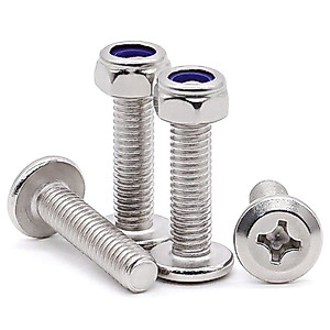 Glvaner (20 sets) M6-1.0 x 10mm Stainless Steel (304) Flat Round Head Machine Screws and M6-1.0 Hex Locknuts with Blue Nylon Insert Furniture Table Shelf Screw Hardware Assortment