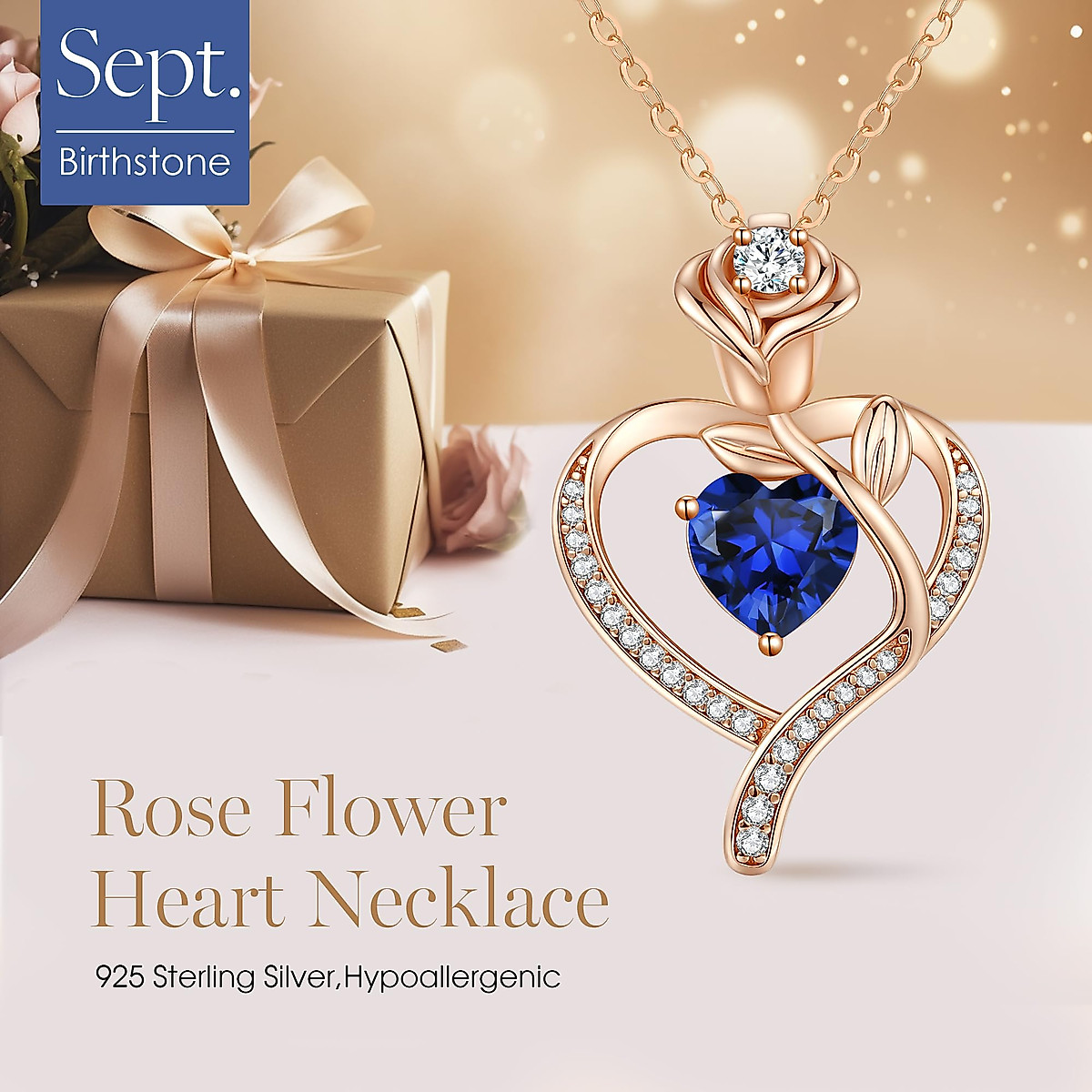 LOUISA SECRET Rose Flower Heart Birthstone Necklaces for Women, 925 Sterling Silver Fine Jewelry, Pendant Heart Necklaces Birthday Anniversary Christmas Gift for Women Wife Mom Girlfriend Lady