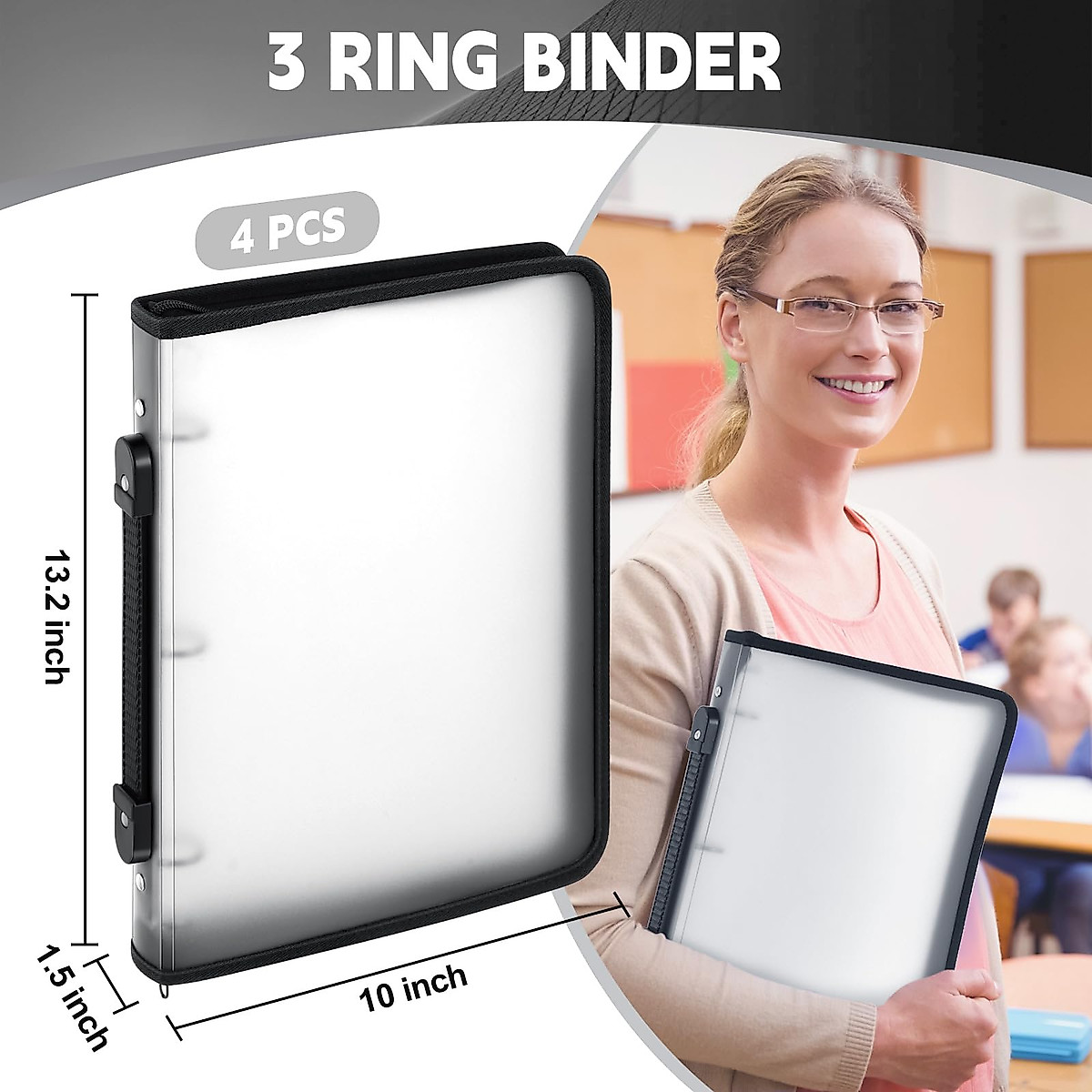 Teling 4 Pcs 1 Inch Clear Zipper Binder with 3 Ring Zipper Binder, Refillable Plastic Clear File Organizer Planner for Projects, Assignments, Memos, School Work, 13.2 x 10 Inch