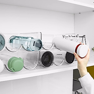 Puricon Plastic Water Bottle Organizer Rack, Stackable Bin Holder for Insulated Tumbler Sports Flask Bottles Kids Water Bottle Travel Mug for Kitchen Cabinets Countertop Holds 9 Bottles, 3-Tier