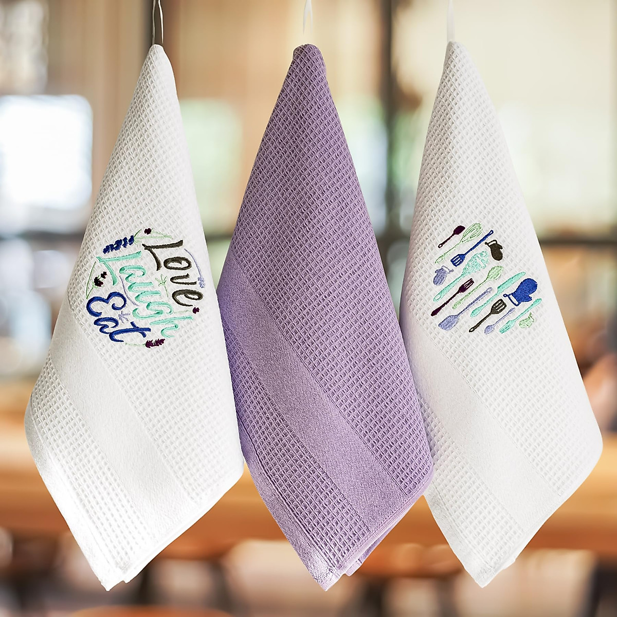 Luzia Lavender Love Kitchen Towels; Stylish and Absorbent - Waffle Weave Embroidered Dish Towels Turkish Cotton - Set of Three, White and Lavender Color