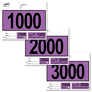 3000 Automotive 3 Part Service Dispatch Numbers Mirror Hang Tags Numbered 1000, 2000, 3000 RL78 Style Color Coded Purple Service Dispatch Numbers with 1.25” Slotted Hang Tag Cutout