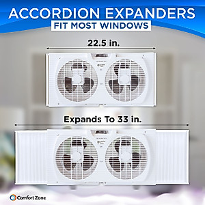 Comfort Zone Twin Window Fan with Quiet Setting, Reversible Airflow Control, 9 inch, 3-Speeds, Expandable, Exhaust, Dual Fan, Airflow 9.84 ft/sec, Ideal for Home, Kitchen, Bedroom & Office, CZ319WT2