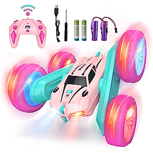 Remote Control Car, Hand Remote RC Cars, 90 Min Playtime, 2.4Ghz Double Sided 360° Rotating RC Crawler with Lights, 4WD Off Road Drift RC Stunt Race Car Gift Toy for Boys and Girls Aged 6-12 Pink