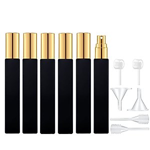 Lil Ray 10ml Glass Spray Bottle Refillable Perfume Atomizer for Men & Women. Portable Fragrance Bottle for Travel,Party. Squared Shape, Coated Surface, UV Protection (6PCS,Black&Gold)