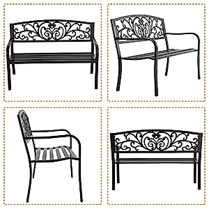 HCY 50 Inches Garden Bench Outdoor Metal Bench Patio Garden Bench Sturdy Steel Frame Furniture for Yard, Outdoor, Park, Porch, Entryway, Lawn,(Black)