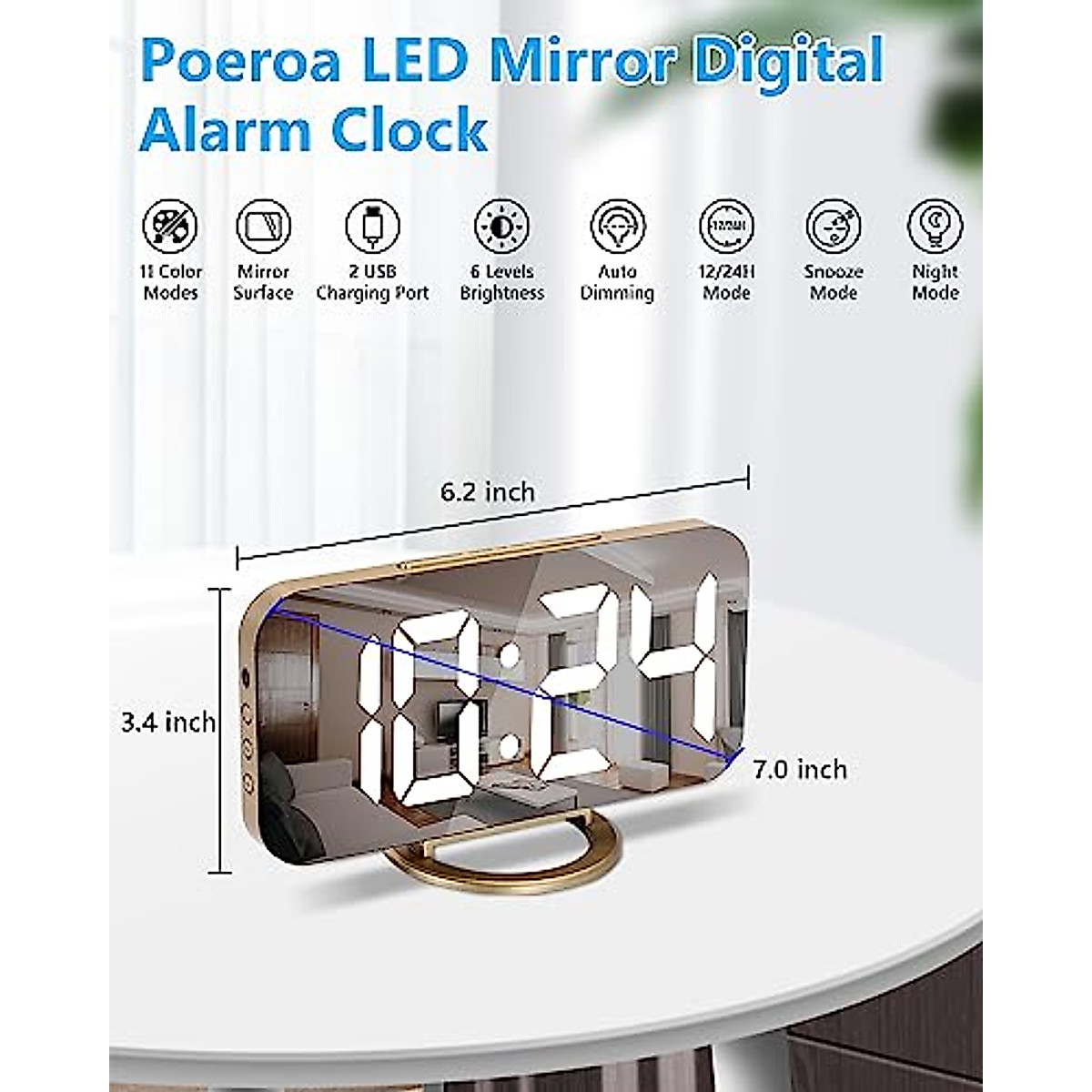 Digital Alarm Clock,7 in LED Mirrored Clocks Large Display,with 2 USB Charger Ports,Auto Dim,Night Mode,Modern Desktop Electronic Clocks for Bedroom Home Office Decor - Gold