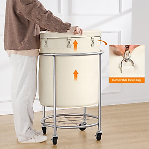 ELYKEN Laundry Basket with Wheels, 170L Rolling Laundry Hamper with Removable Bag and Steel Frame, Round Laundry Cart with 4 Casters and 2 Brakes, Ideal for Bedroom, Bathroom, Laundry Room, Cream