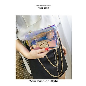Holographic Clear Purse Crossover Shoulder Messenger Bag Laser Sling Purse with Golden Chain, Transparent