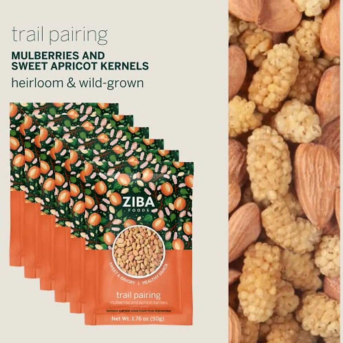 Ziba Foods Trail Pairing - Sweet Apricot Kernels & Dried Mulberries Mix - Non-GMO, Vegan, Whole 30 Friendly & Paleo - High in Fiber, Iron & Immune Boosting Antioxidants - Sweet & Savory, Pack of 6