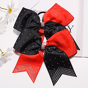 DEEKA 10 PCS Rhinestones Two Toned Large Cheer Hair Bows 7" Glitter Cheer Ponytail Holder Handmade for Teen Girls Softball Cheerleader Sports -Red/Black