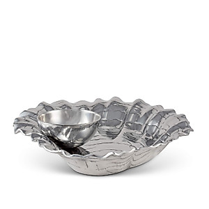 Arthur Court Aluminum Metal Oyster Chip Bowl with Pearl Dip Bowl - Formal and Everyday Coastal décor 15 inch x 13.5 inch