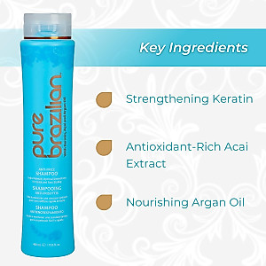 Pure Brazilian Anti-Frizz Daily Shampoo, Salt-Free, Color Safe, with Keratin, Argan Oil & Acai for Prolonged Treatment & Smooth Hair, 13.5 O