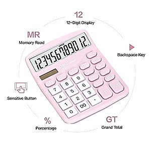 Calculator, Deli Standard Function Desktop Calculators with 12 Digit Large LCD Display and Sensitive Button, Solar Battery Dual Power Office Calculator, Pink