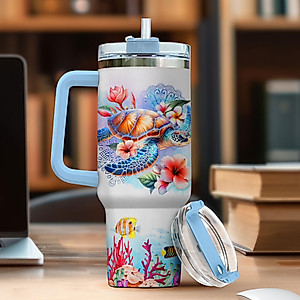 99OWL Tumbler 40 Oz With Handle Lid And Straw, Sea Turtle Hibiscus Floral Wisdom, Sea Turtle Gifts, Summer Light Insulated For Flower Beach Blue Tumblers Royal Myrtle Women