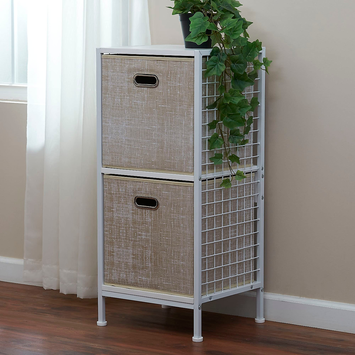 Household Essentials Fabric Storage Bins 2 Piece Set, Strong Poly-Woven Fabric, Sturdy Chipboard Sides, Grommet Front Handle, Stackable and Foldable, Classic Design, Tan Mix