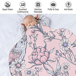 LAKIMCT Hand Drawn Flowers Birds Round Soft Baby Blankets for Boys Girls, Newborn Blanket for Suitable for Swaddling Sleep Stroller Cover Nursery Blanket, 35 Inch