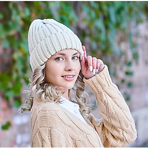 Connectyle Daily Ribbed Knit Winter Hat Slouch Fold Beanie for Women Stylish Plain Watch Cap Beige