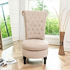 Container Furniture Direct Royal High-Back Velvet Accent Chair for Vanity with Storage and Luxurious Upholstery, Retro Design and Versatile Usage for Living Room, Bedroom, Lounge and Office, Ivory