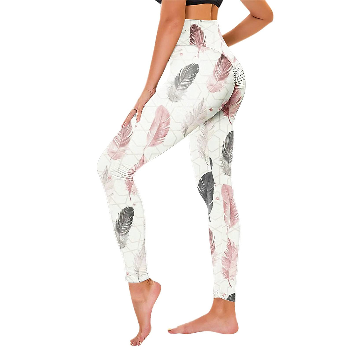 Butt Lifting Workout Leggings for Women High Waisted Ultra Soft Tummy Control Booty Tight Stretchy and Soft Opaque Slimming Feathers Printed Pants for Running Cycling Yoga White