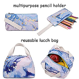 SHEEYEE School Backpack for Teen Girls Kids Bookbags with Lunch Box Set Students Laptop Travel Marble Backpack