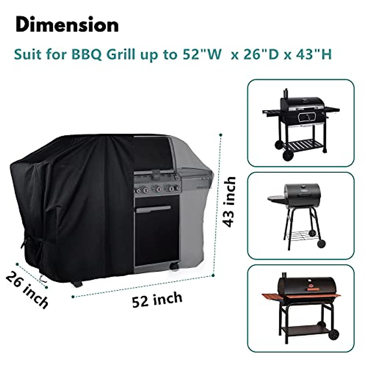 Grill Cover 52 Inch, Mutsitaz Waterproof and Fade Resistant BBQ Cover, Compatible for Weber, Char Broil, Nexgrill Grills, etc, Black