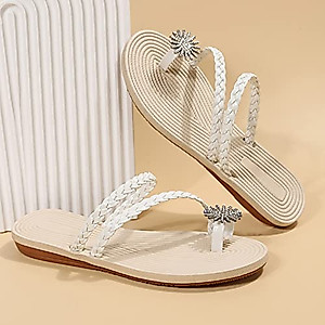 Fuzzy Sandal Slippers Women Ladies Fashion Summer Solid Color Leather Rhinestone Clip Toe Straw Woven Flat Slippers (White, 9)