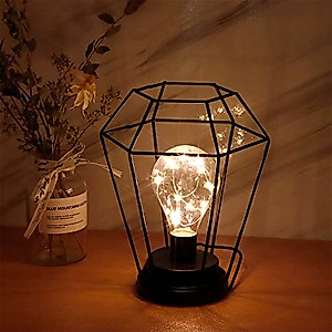 JHY DESIGN Diamond Metal Cage Table Lamp Battery Powered Hanging Lanterns, Cordless Lamp with LED Edsion Style Bulb for Weddings,Parties,Patio,Events for Indoors/Outdoors (Hanging Hook Included)