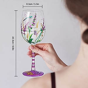 NymphFable Hand Painted Wine Glass Purple Lavendar & Dragonfly Birthday Gift for Women with Personalised Gift Box, 15oz