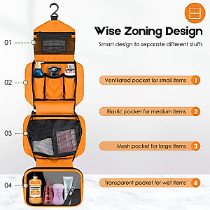 dopobo Travel Toiletry Bag for Women, Dopp Kit for Men, Waterproof Makeup Bag Shaving Bag with Hanging Hook, Portable Toiletry Organizer for Traveling and Camping (Orange)