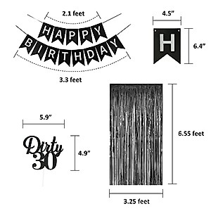 30th Birthday Decorations Set - Happy 30th Birthday Decorations with Happy Birthday Banner, Black Foil Curtains, Dirty 30 Balloons Kit, Black Cake Topper - 30 Birthday Decorations for Men