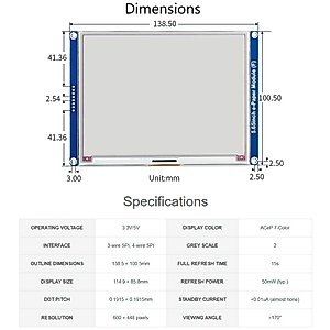 waveshare 5.65inch E-Ink Display HAT 7-Color ACeP E-Paper Display 600x448 Pixels for Raspberry Pi 4B/3B+/3B/2B/Zero/Zero W/Zero WH and Jetson Nano
