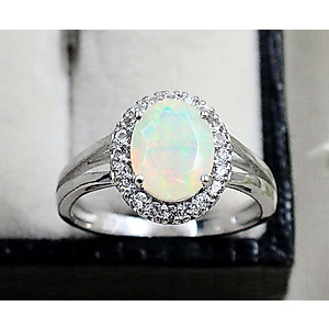 Natural 10X8 MM Welo Ethiopian Opal Cut Gemstone Oval Shape October Birthstone 925 Sterling Silver Solitaire Ring For Bridal Gift (Rhodium Plated Silver, 8)