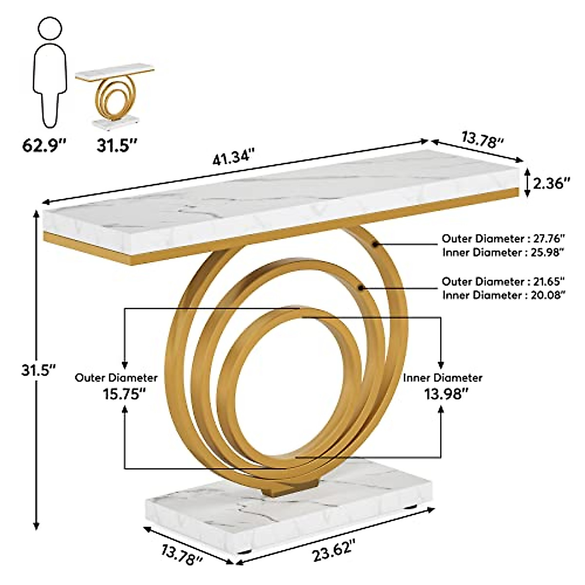 Tribesigns 41-Inch Gold Entryway Table, Modern Console Table Narrow Long, Contemporary Accent Table for Living Room, Hallway, Entrance, Faux Marble Veener Top