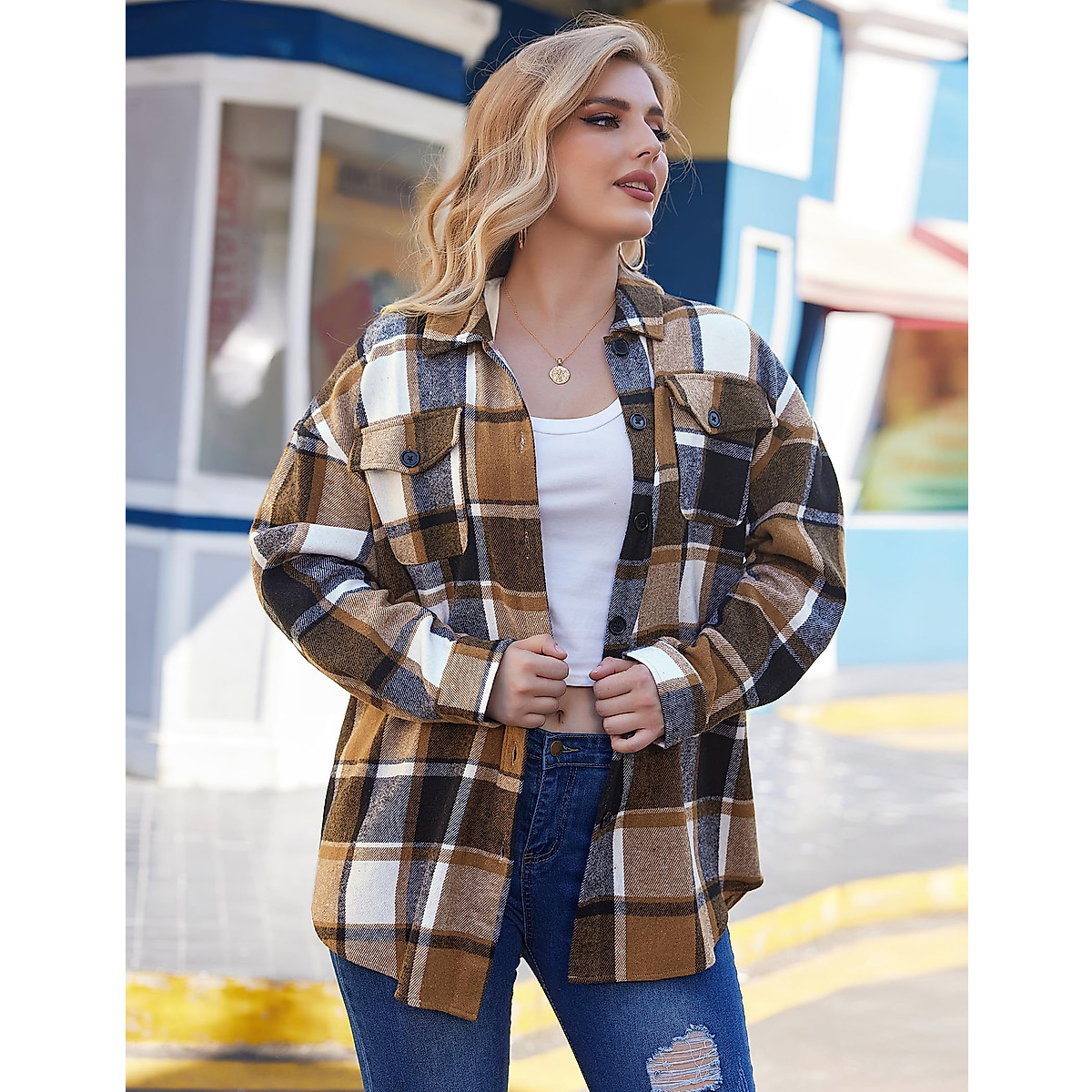 IN'VOLAND Women's Flannel Plaid Shacket Casual Button Down Long Sleeve Flannel Shirts Plus Size Fall Tartan Jacket Brown 24W