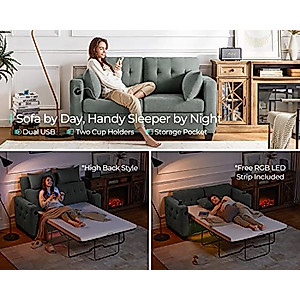 LINSY HOME Pull Out Sofa Bed, 2-in-1 Convertible Sleeper Couch with Memory Foam Mattress, Two Seat Loveseat Sleeper Sofa Bed for Living Room, Dark Grey, Full Size