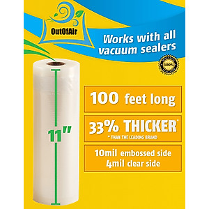 11" x 100' Mega Roll & Cutter Box Vacuum Sealer Bags Roll (No More Scissors) 4 mil 100 Foot OutOfAir, 33% Thicker, BPA Free, Sous Vide, Commercial Grade, Works with FoodSaver Sealers
