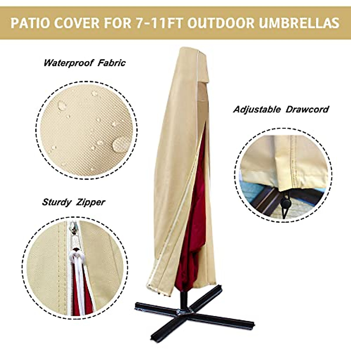 GERYMU Umbrella Covers for Outdoor Umbrellas Patio Umbrella Cover Large Cantilever Umbrella Covers 600D Waterproof and Dustproof Patio Umbrella Cover for 7-11 Feet Offset Outdoor Umbrellas Khaki