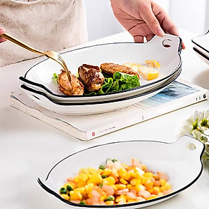 ZOOFOX Set of 4 Oval Serving Platter, 12" White Porcelain Serving Tray with Handle, Large Serving Plates for Appetizer, Dessert, Meat, Salad, Noodle