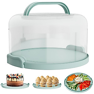 Cake Carrier with Lid and Handle - Multipurpose Cake Stand with Lid for 10” Cake, Pie, Cupcakes - Cake Holder & Lid, Plastic Cake Container, Round Cake Cover for Transport & Storage (Seafoam Green)