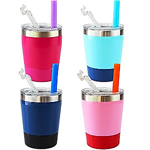 Housavvy Kids Toddler Straw Cups,4 Pack 8 oz,Toddler Smoothie Cups Spill Proof Insulated Kids Stainless Steel Cups Tumbler with Lids Silicone Straws,BPA Free